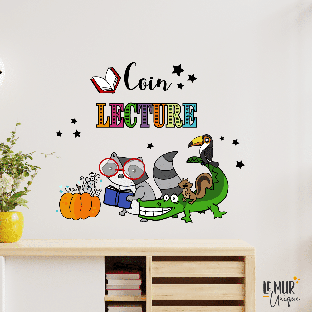 Décalque COIN LECTURE avec raton à lunette et autres animaux ...